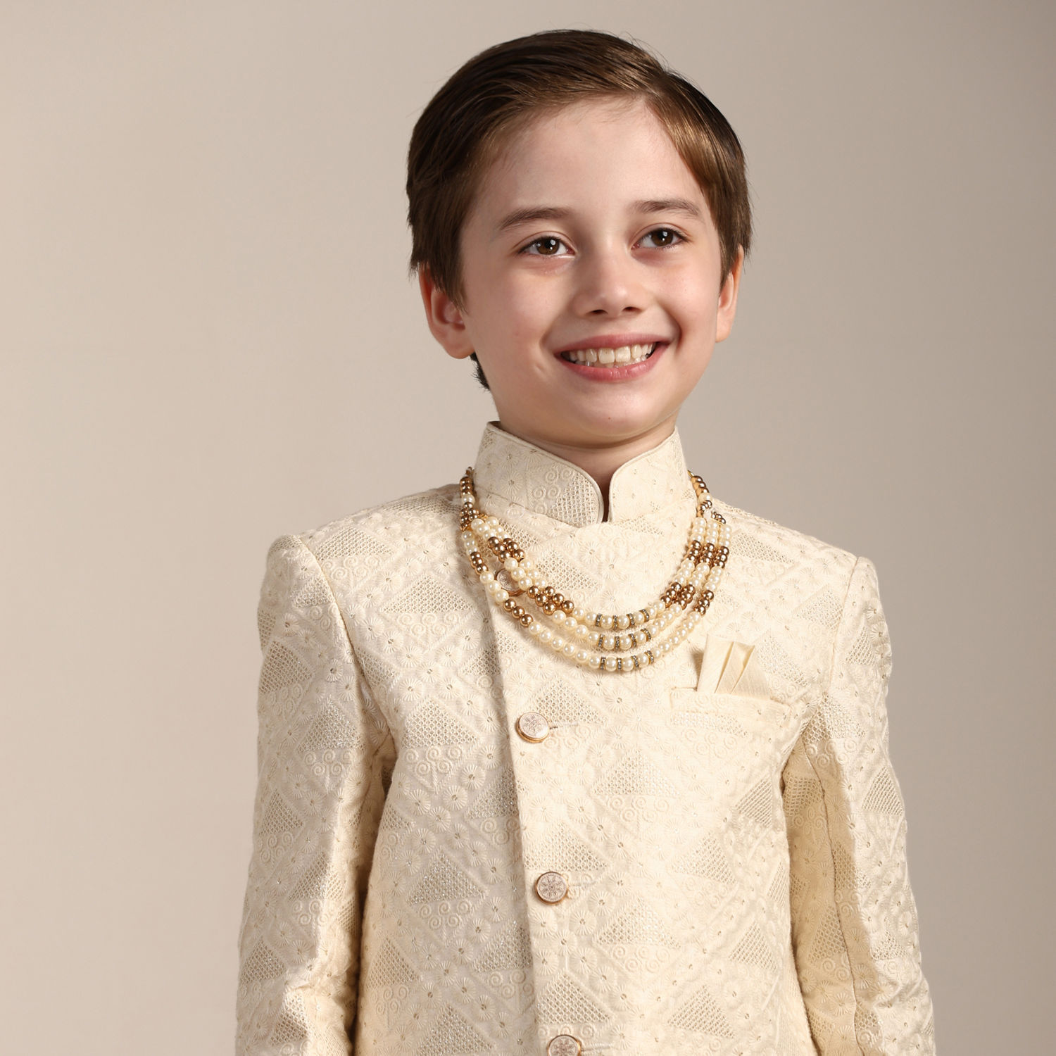 Buy Boys Cream Diamond Patterned Angrakha Style Indo Western Set Online ...