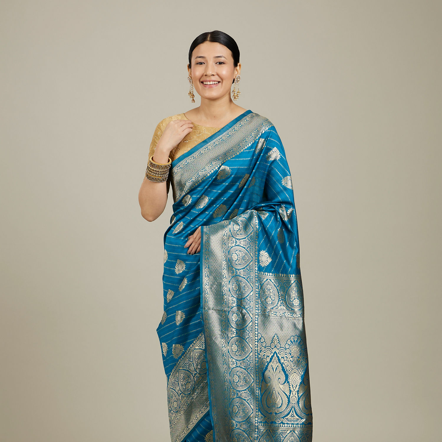 Buy True Blue Paisley Bordered Saree Online in the UK @Mohey - Saree ...