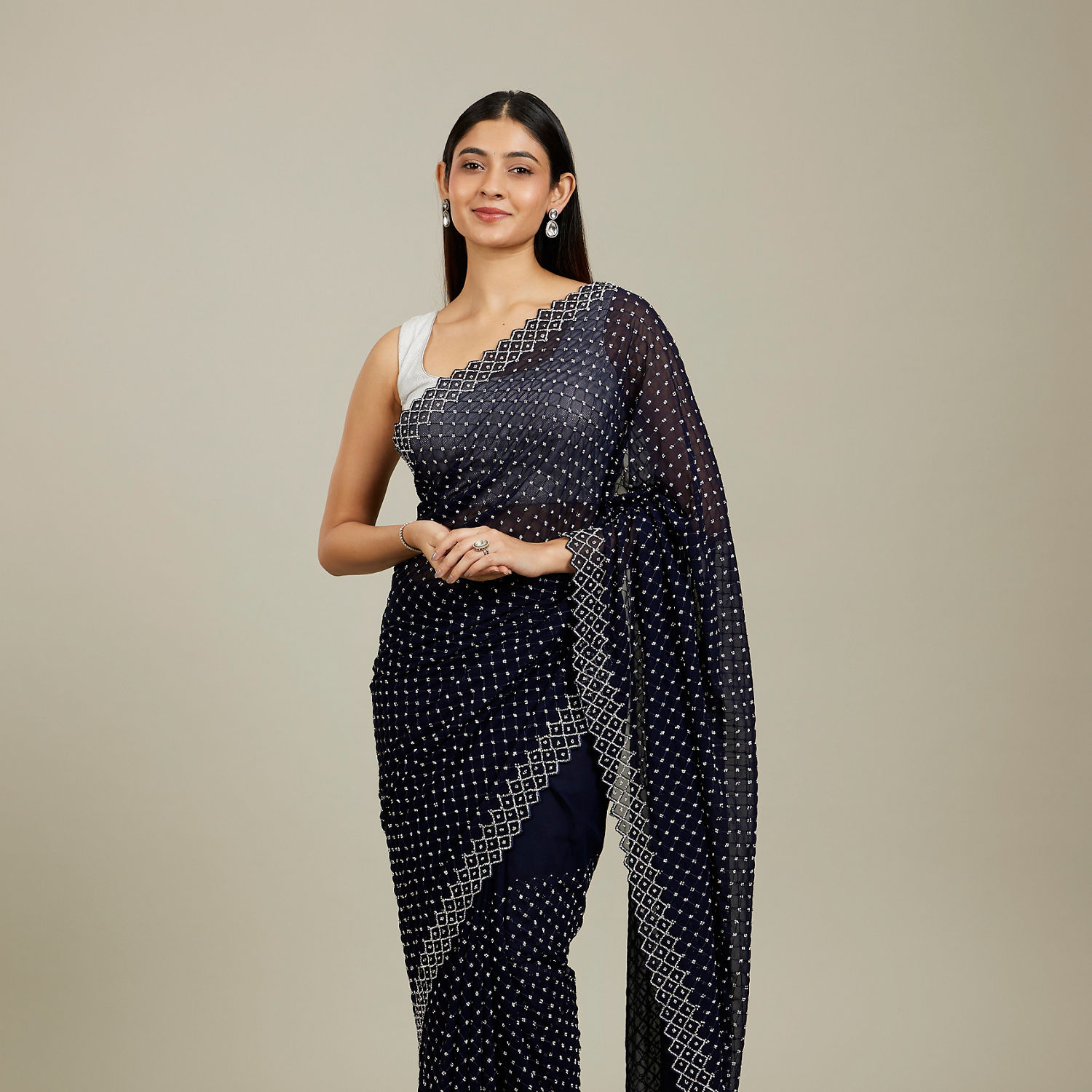 Buy Midnight Blue Stone Work Saree Online in India @Mohey - Saree for Women
