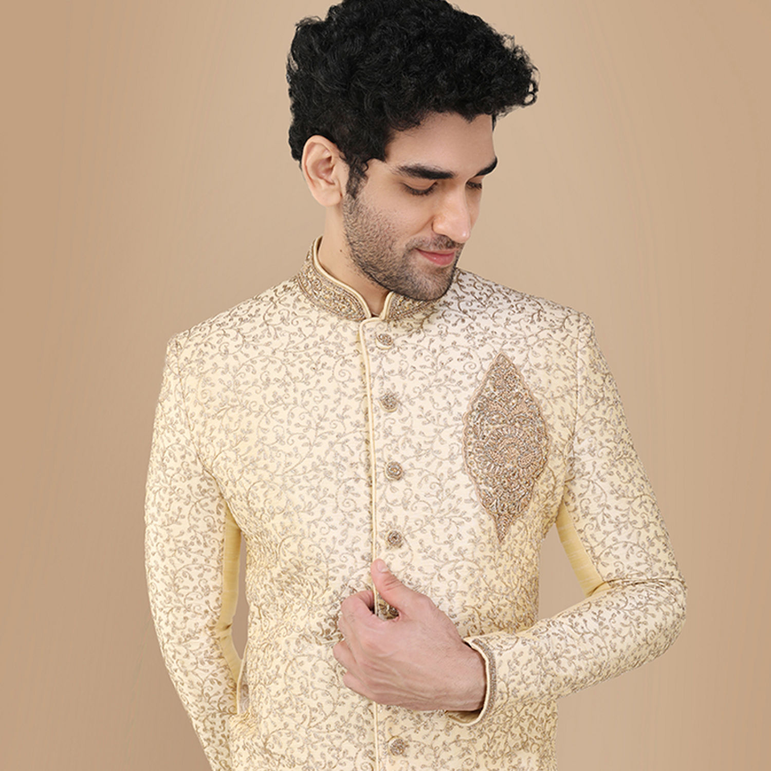 Sherwani for Men - Buy Glam Biscuit Shade Sherwani Suit Online @Manyavar