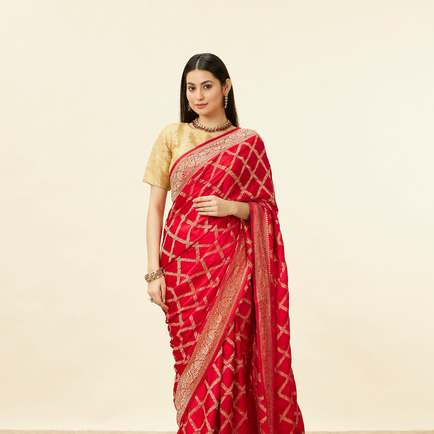 Buy Tomato Red Grid Patterned Stone Work Saree Online in India @Mohey ...