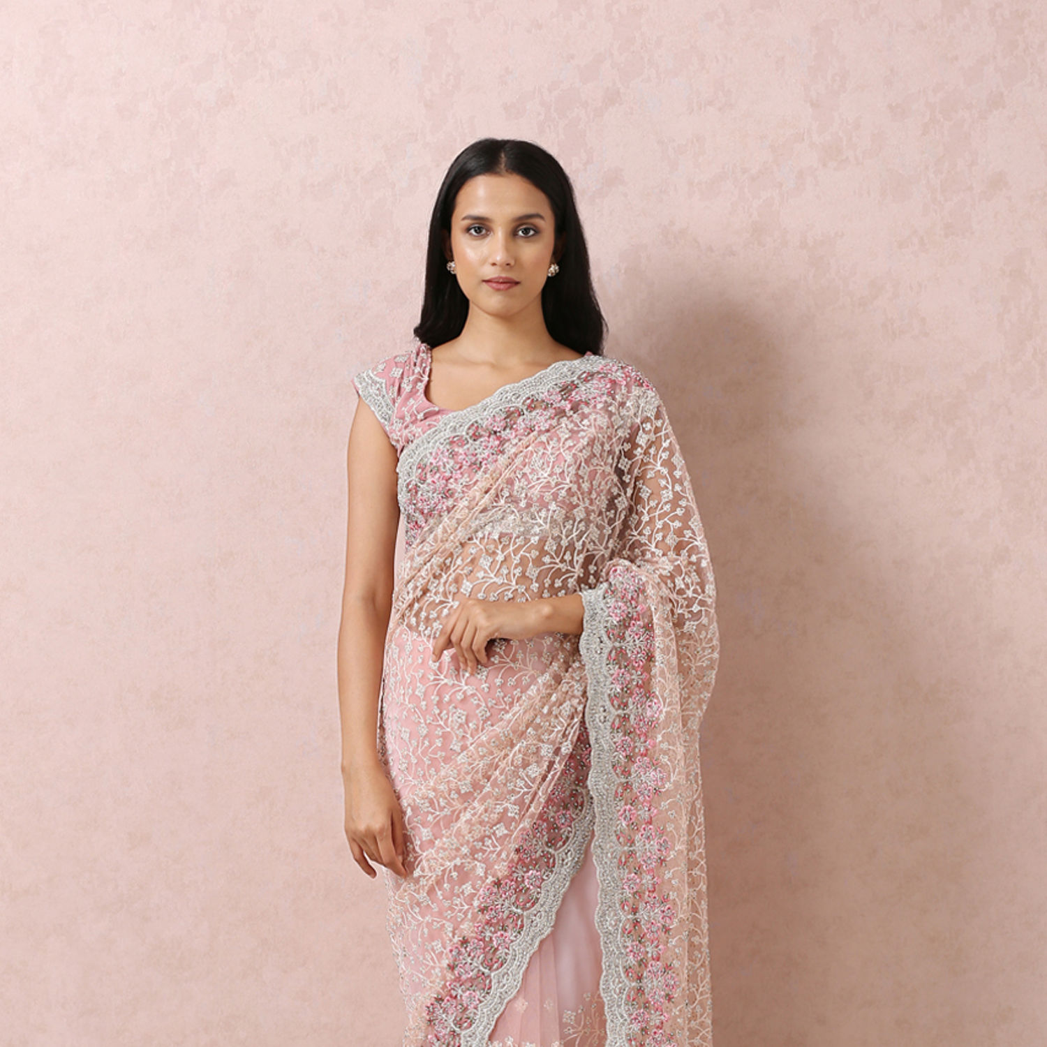 Buy Light Pink Net Saree With Embroidery Online in the USA @Mohey ...