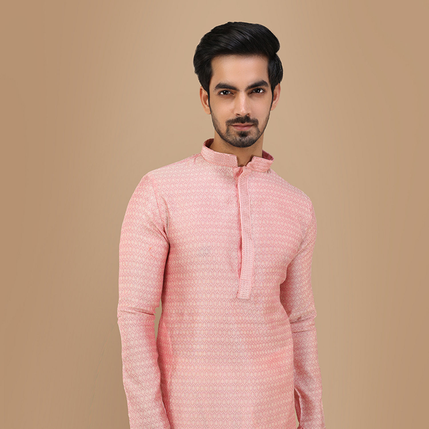 Buy Salmon Pink Self Texture Kurta Set Online in India @Manyavar ...