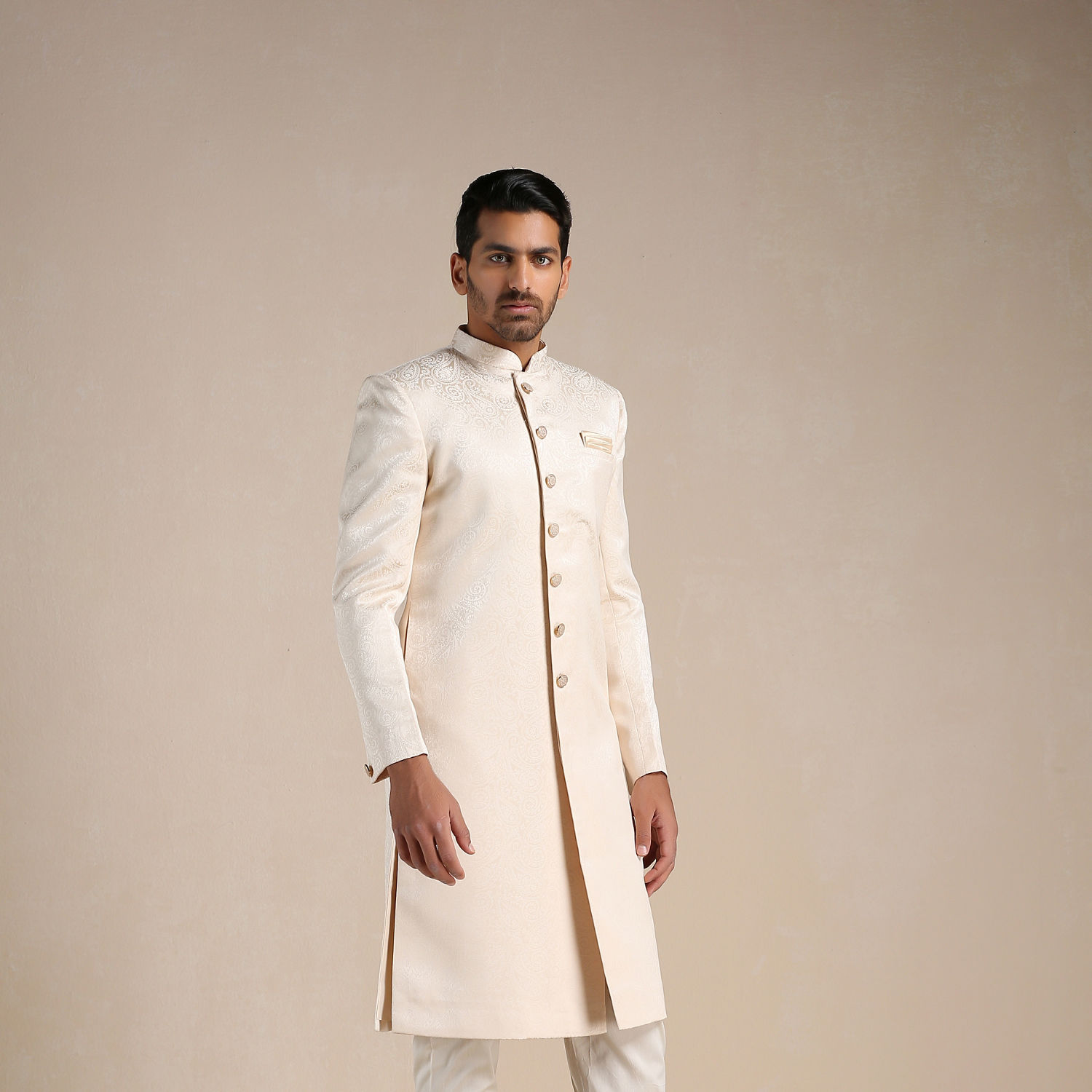 Buy Sugar Swizzle Beige Paisley Patterned Sherwani Set Online in India ...