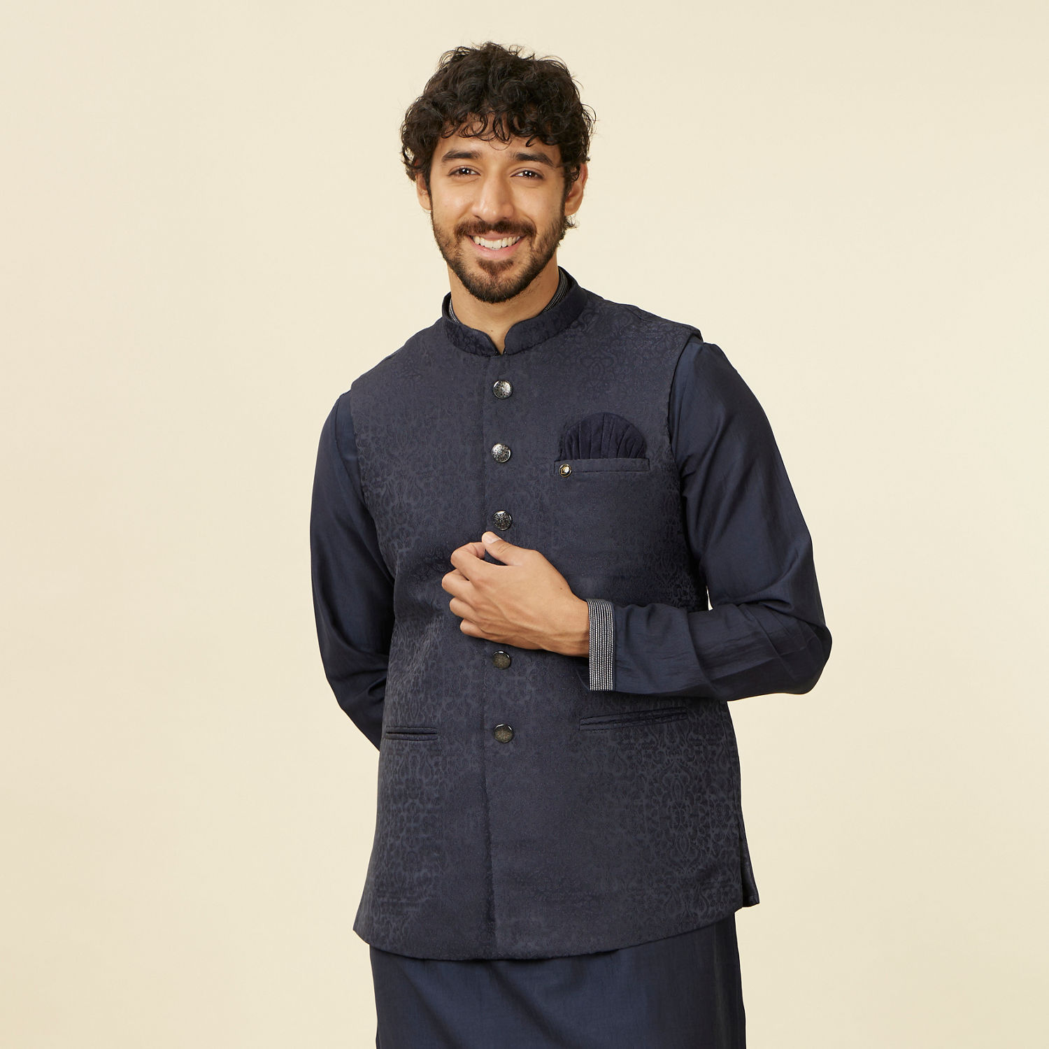 Buy Dark Blue Medallion Patterned Nehru Jacket Online in India ...