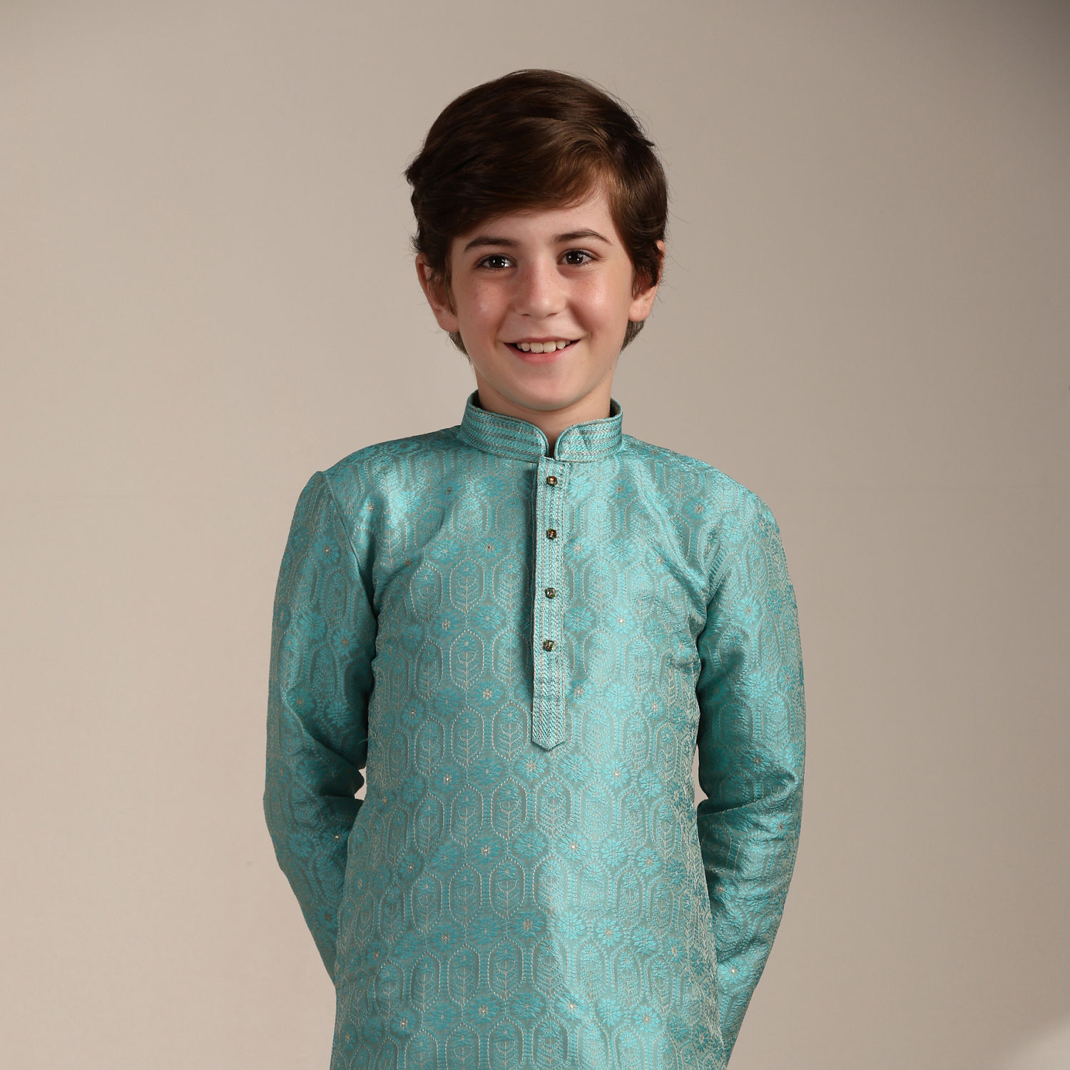 Buy Boys Ferozi Blue Floral and Fern Patterned Kurta Set Online in ...