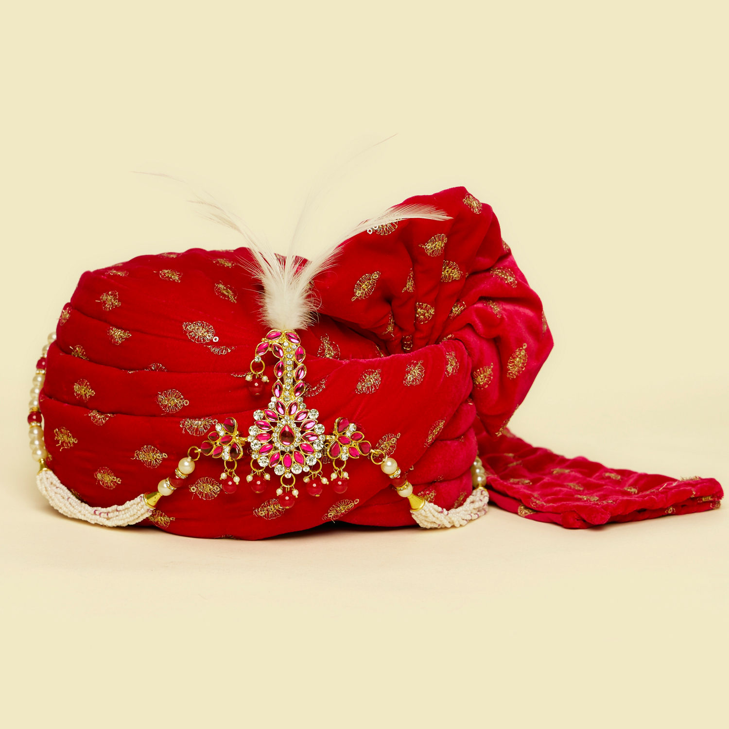 Buy Rani Pink Buta Patterned Safa with Paisley Kalgi with Feather Trim ...