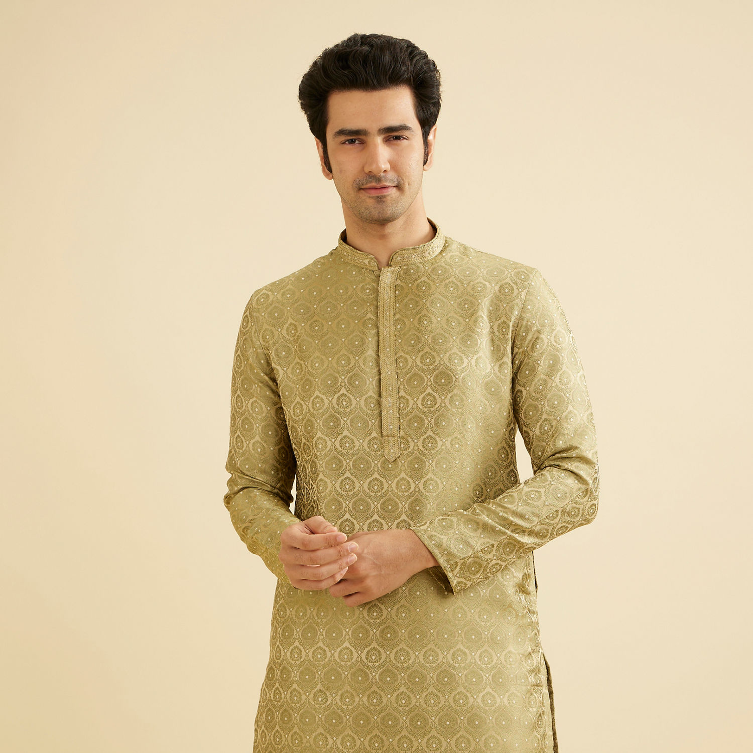 Buy Soft Green Jaal Medallion Patterned Kurta Set with Rhinestones ...