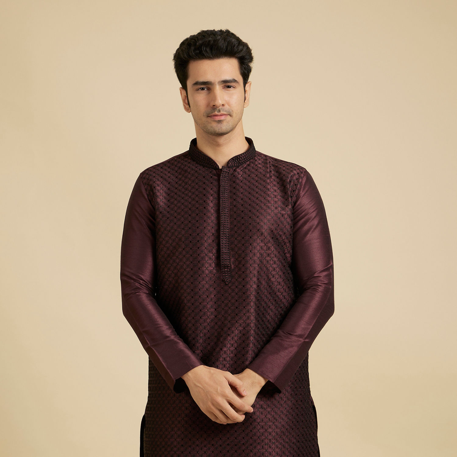 Buy Wine Self Design Kurta With Black Churidar Online in India ...