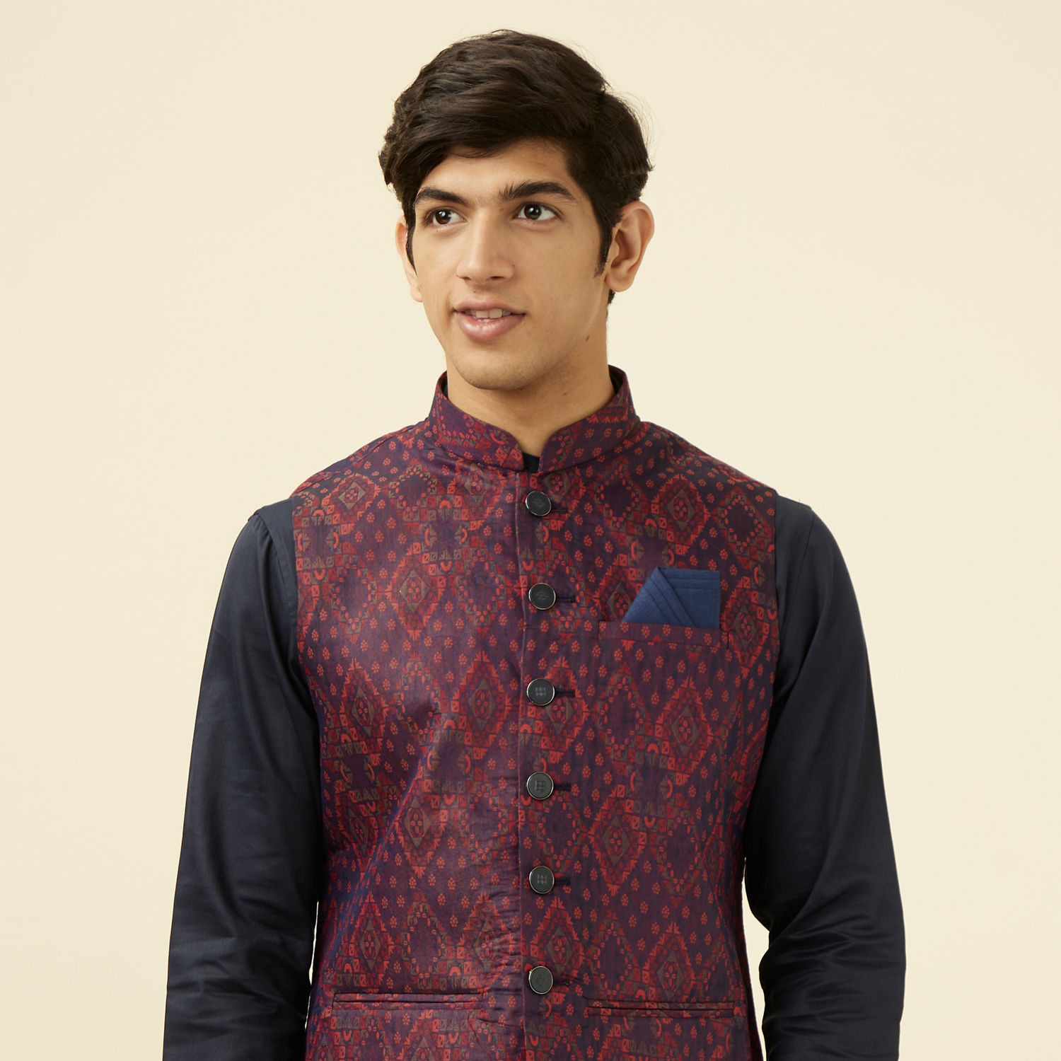 Buy Dark Blue Printed Jacket Online in India @Manyavar - Nehru Jacket ...