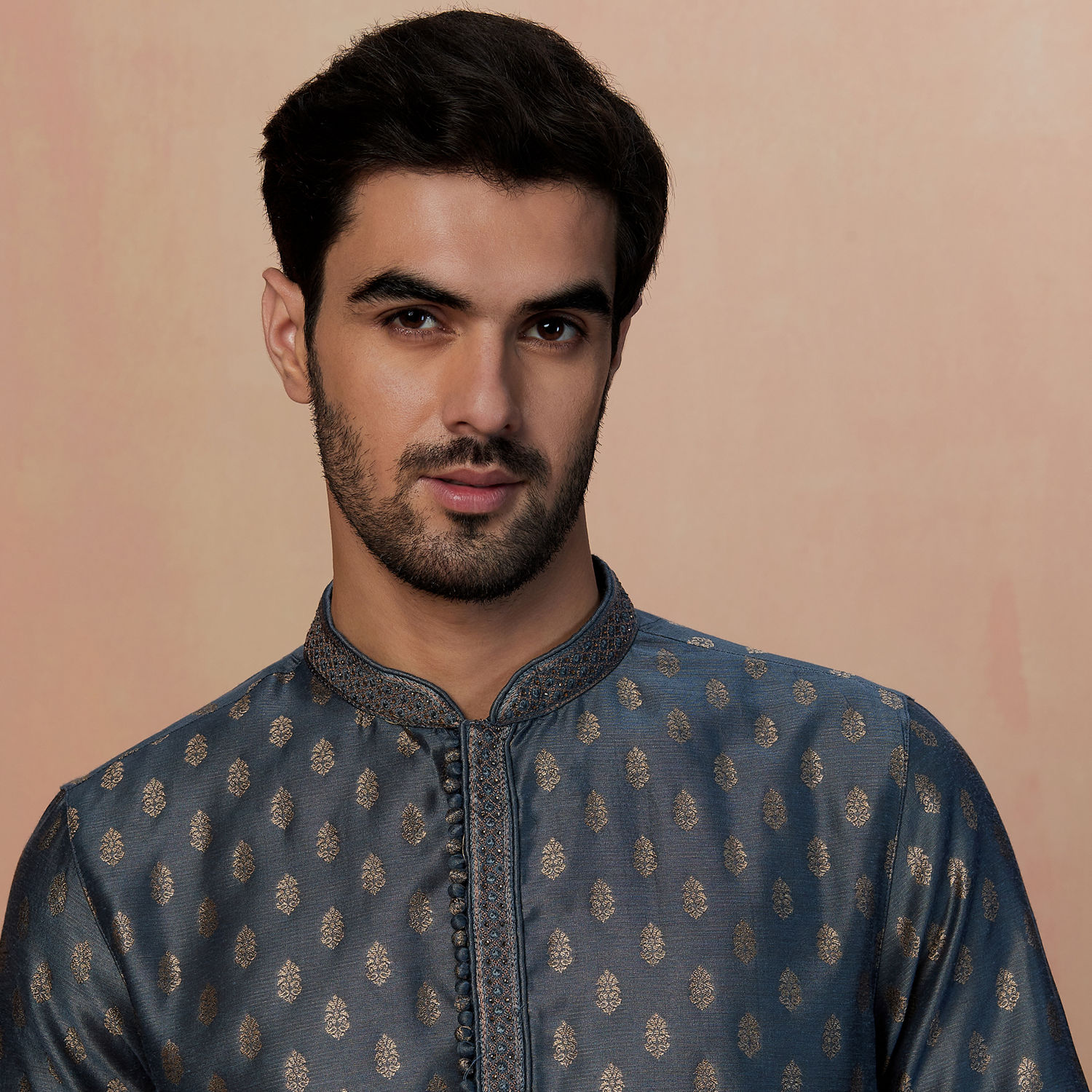 Buy Grey Kurta Pajama With Golden Motif Online in the USA @Manyavar ...