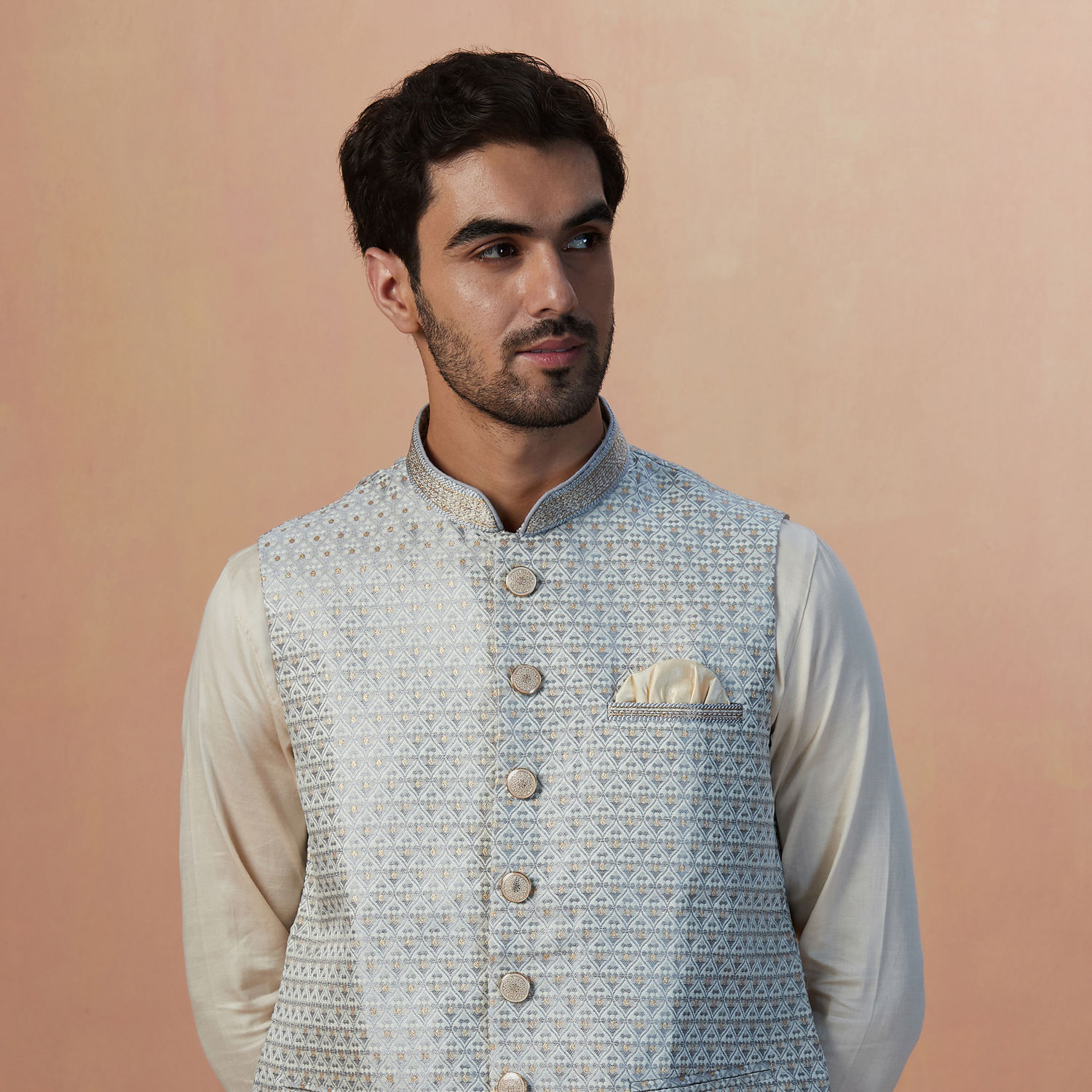 Buy Ash Grey Jacquard Jacket Online in India @Manyavar - Nehru Jacket ...