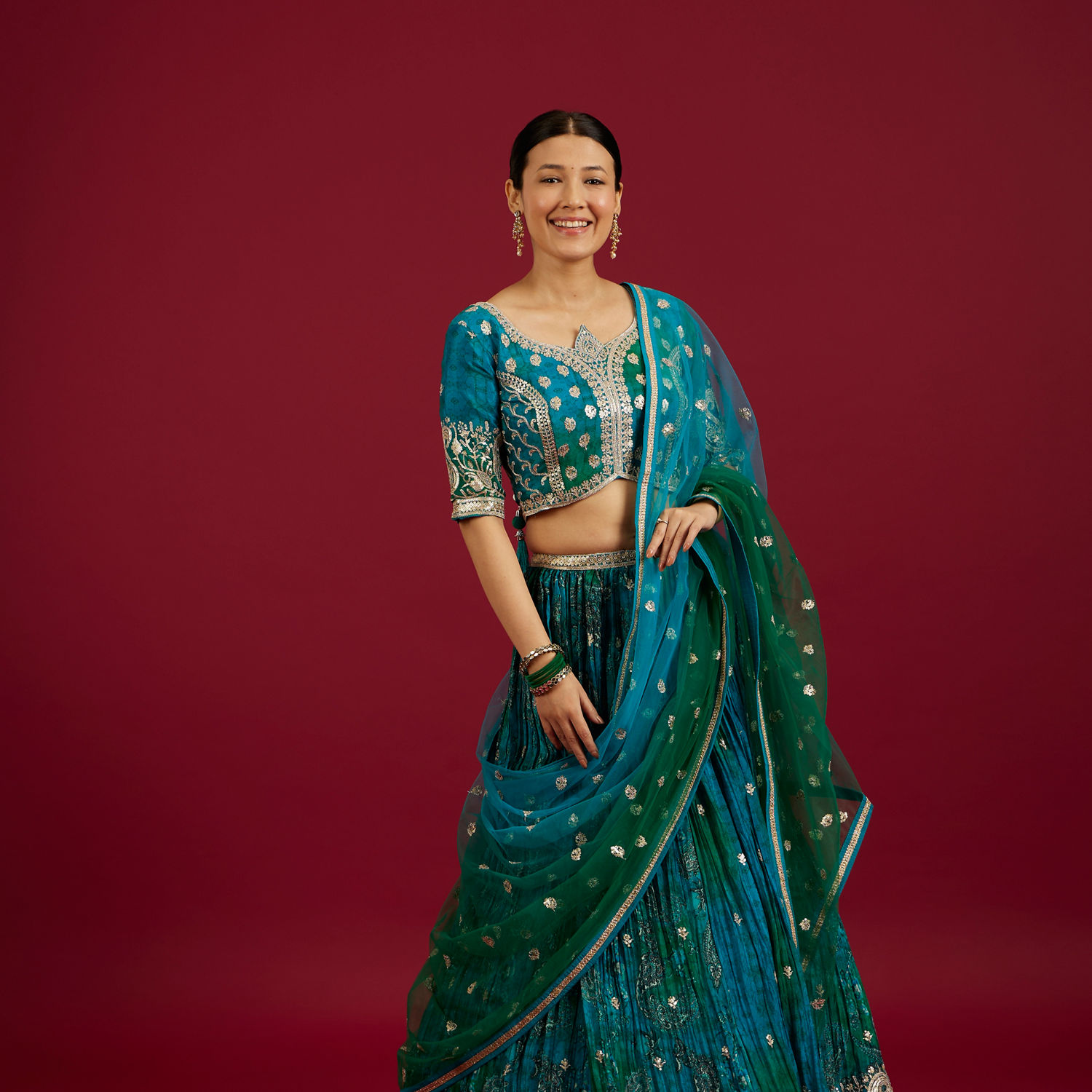 Buy Rama Green Buta Patterned Crop Top Lehenga with Paisley Borders ...