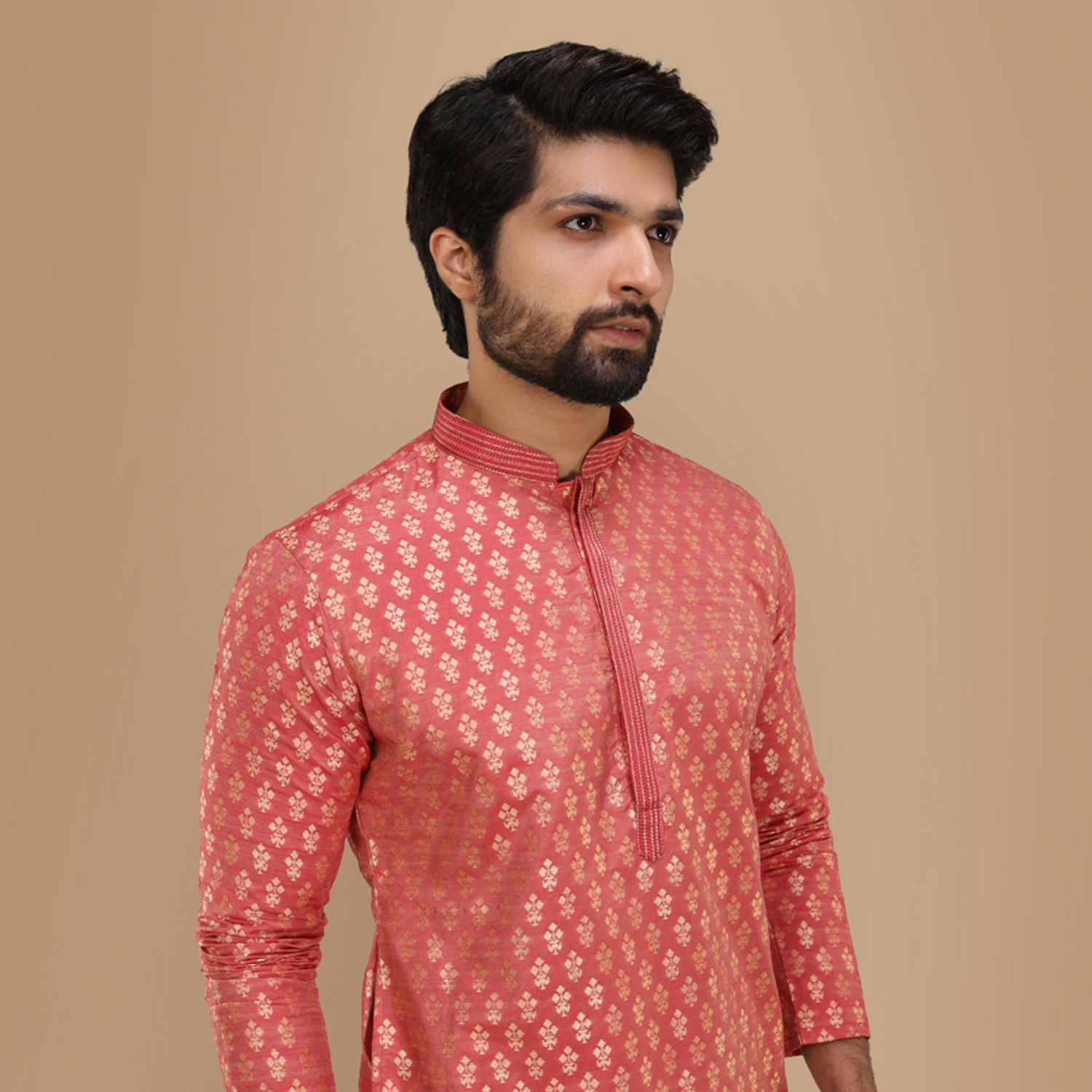 Buy Dark Peach Jacquard Kurta Set Online in the USA @Manyavar - Kurta ...