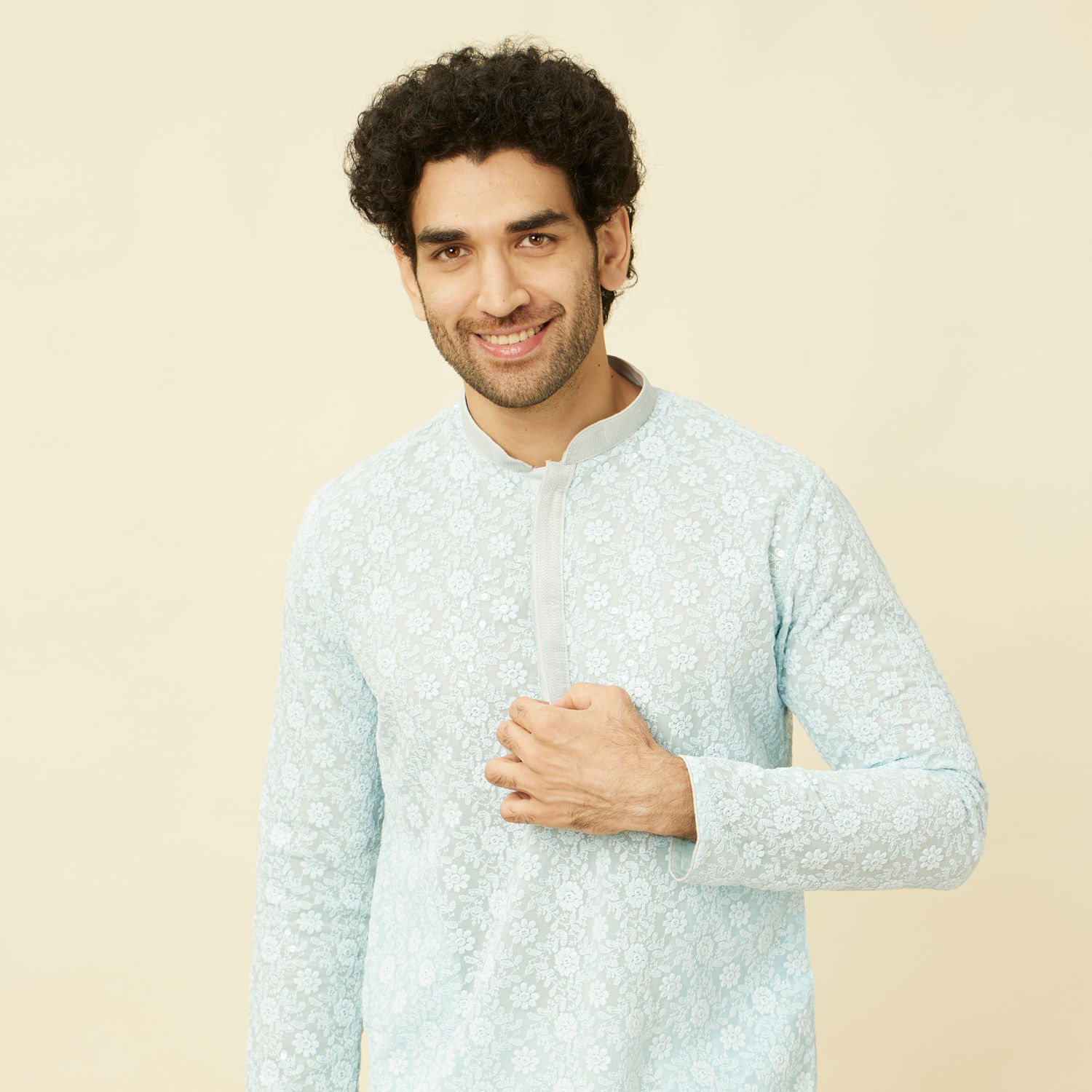 Buy Tropical Blue Floral Chikankari Embroidered Kurta Set Online in ...