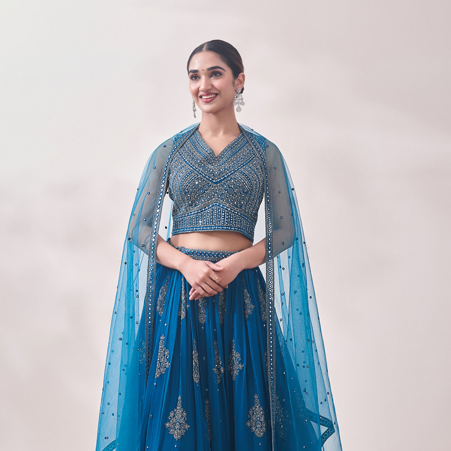 Buy Turkish Sea Blue Jhallar Patterned Lehenga Online in India @Mohey ...