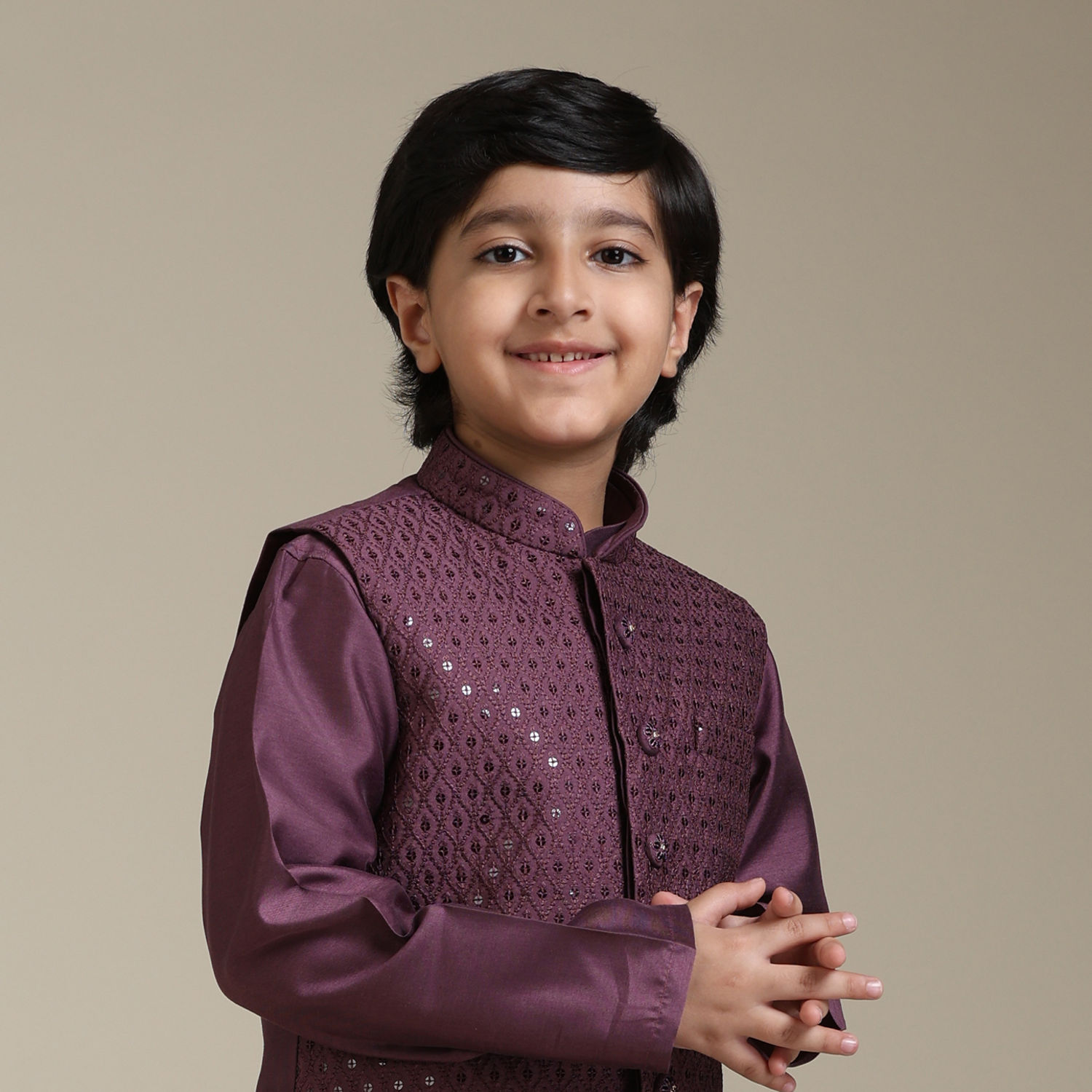 Buy Boys Damson Purple Lattice Patterned Jacket Set with Sequin Work ...