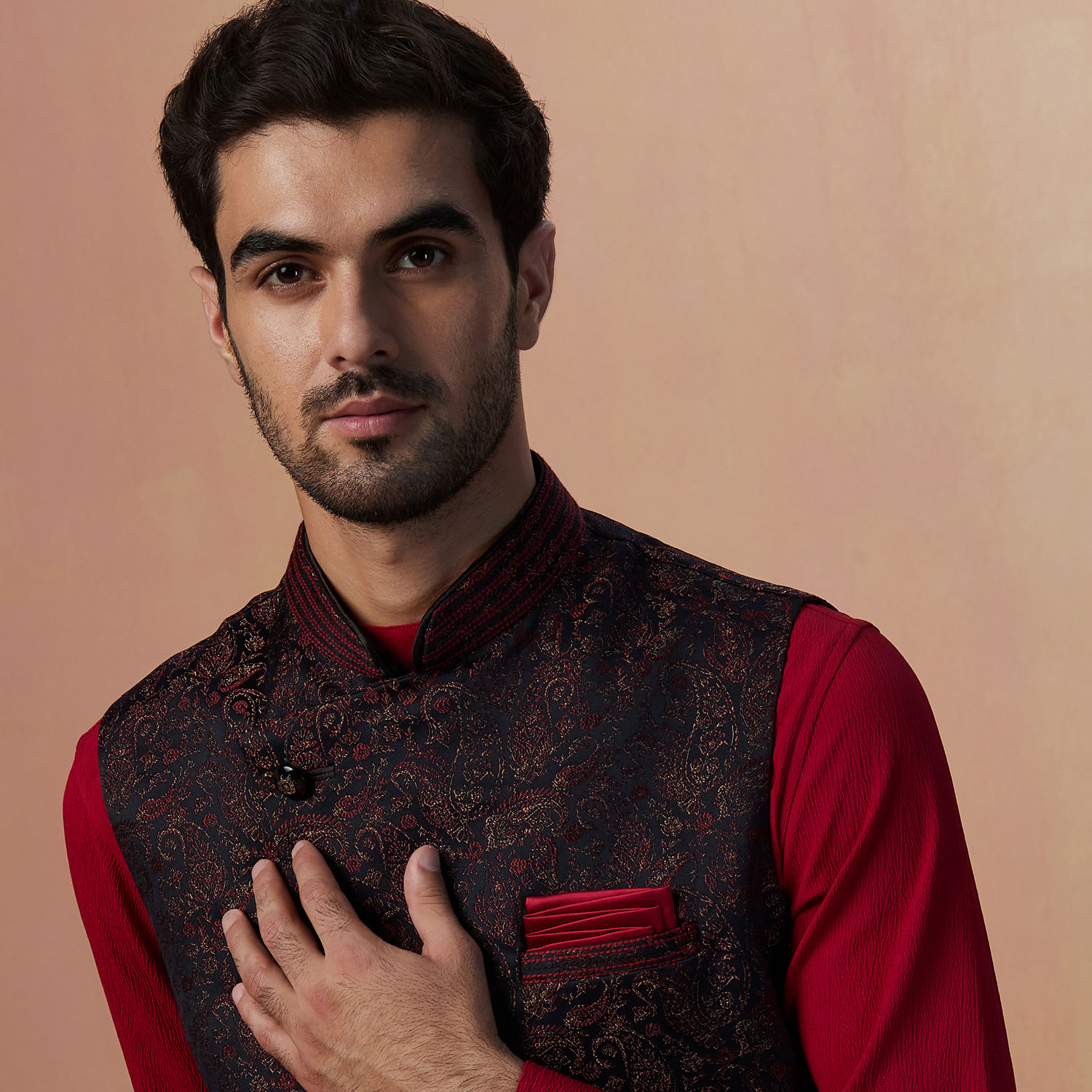 Kurta Jacket Set for Men - Buy Black Paisley Jacket With Red Draped ...