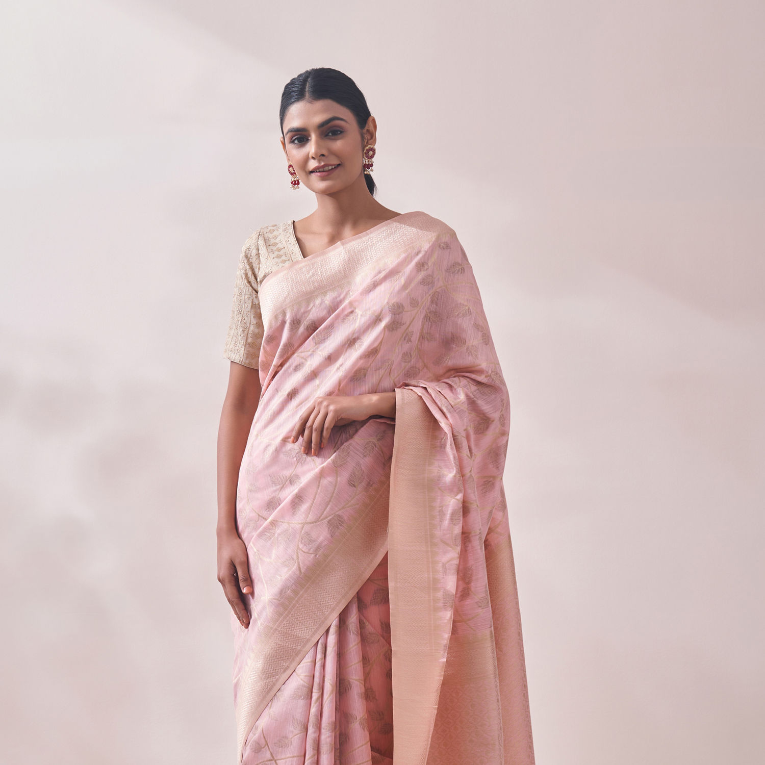Buy Light Pink Printed Saree Online in the USA @Mohey - Saree for Women