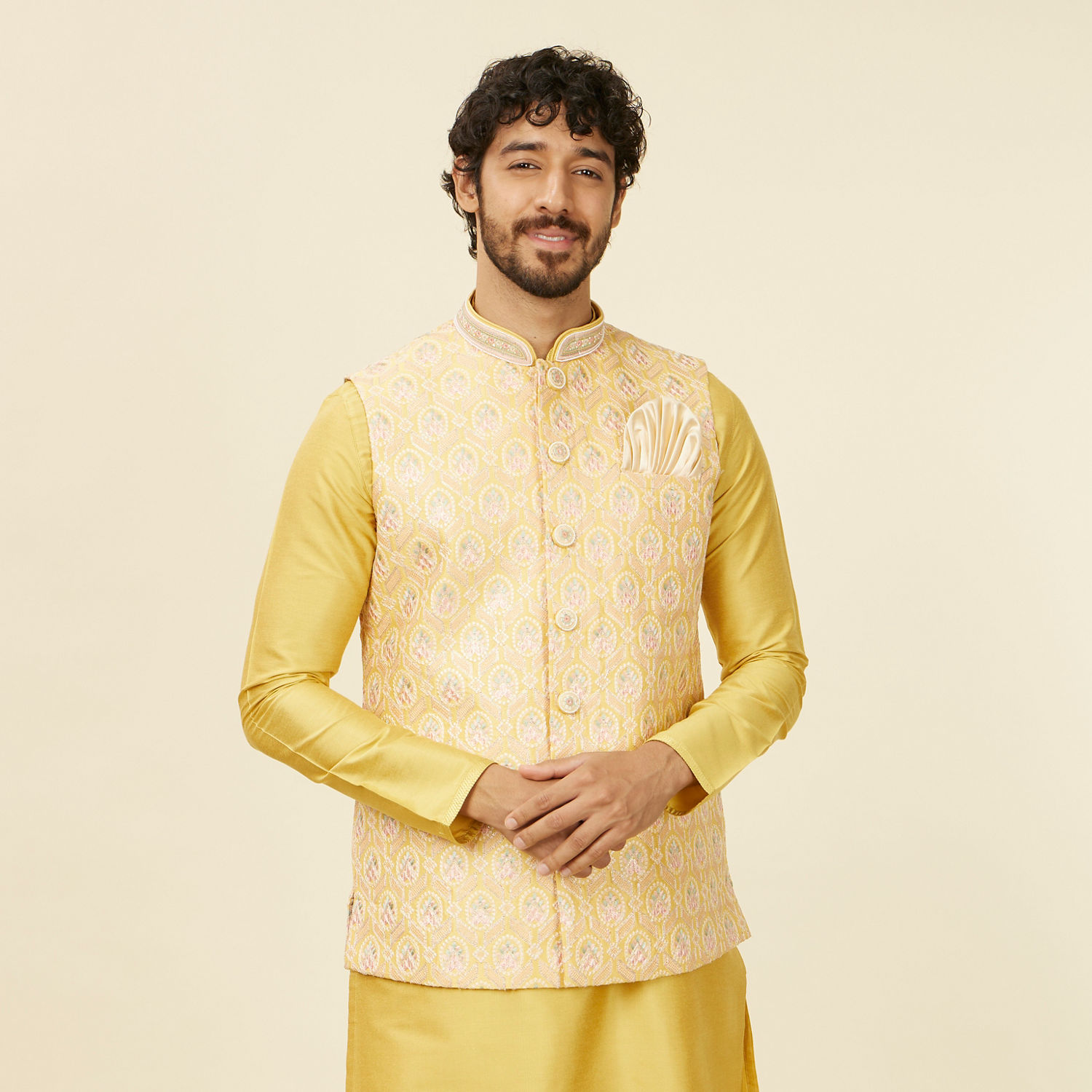 Buy Yellow Floral Printed Nehru jacket Online in the USA @Manyavar ...