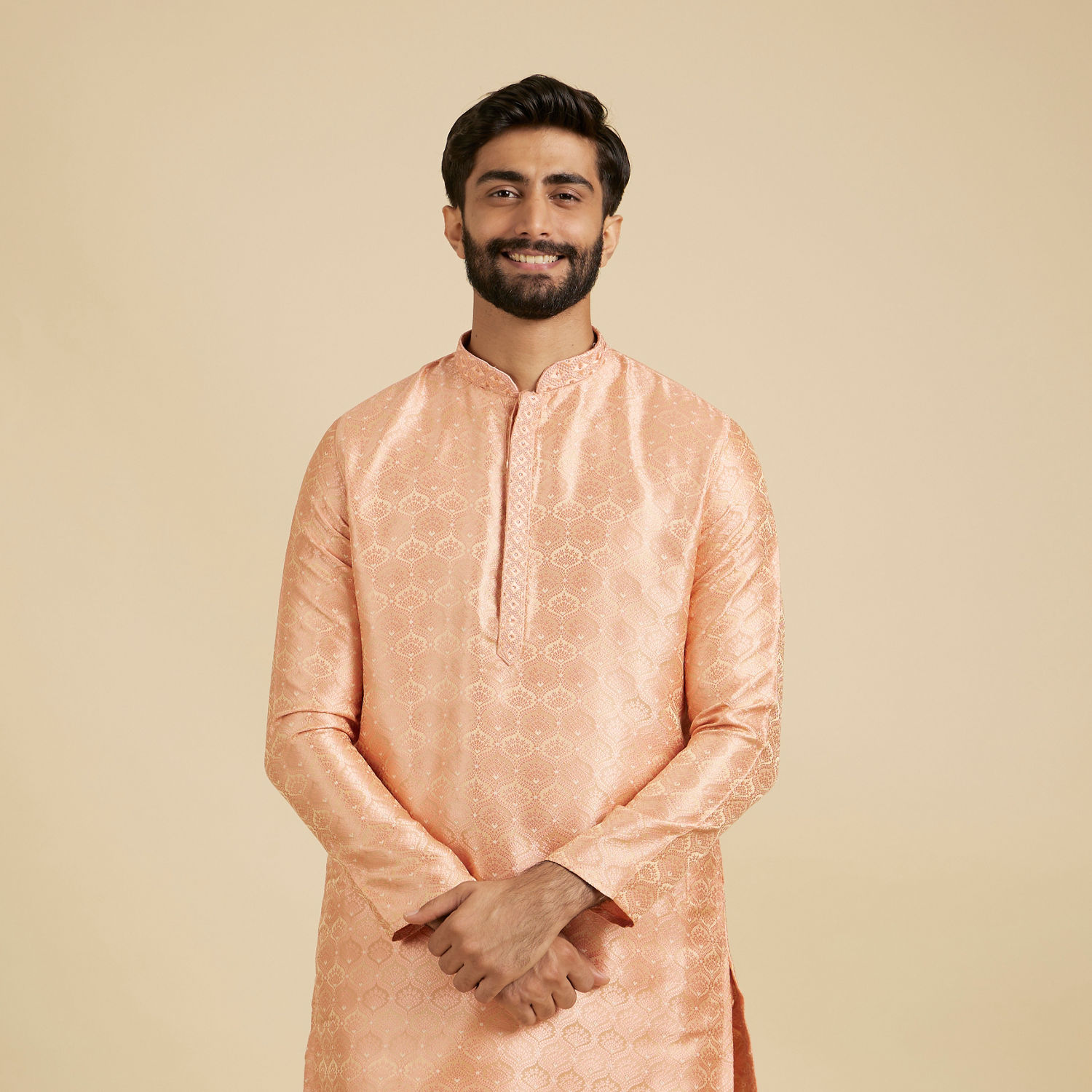 Buy Peach Fuzz Jaal Patterned Kurta Set with Floral Buta Motifs Online ...