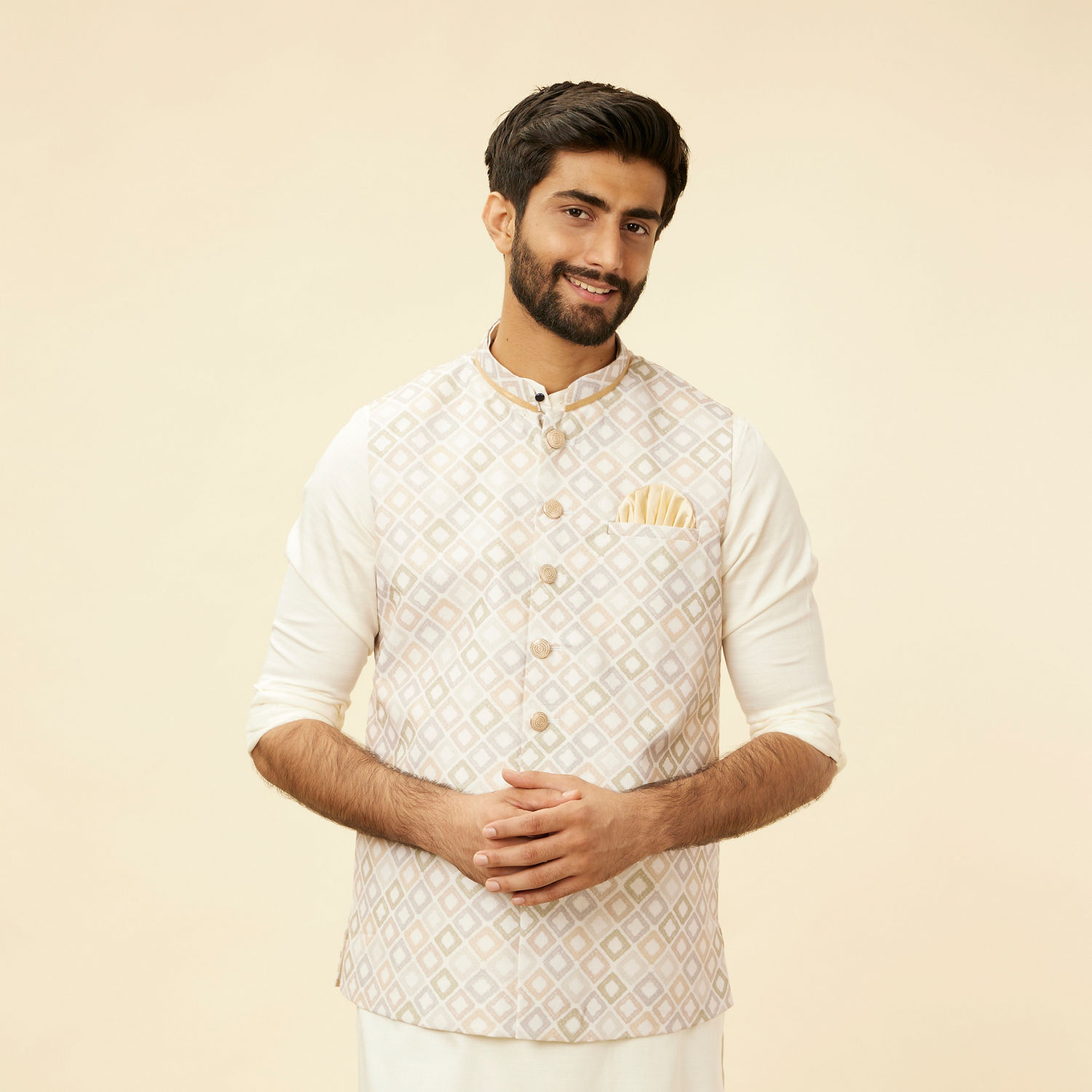 Buy Light Cream Grid Patterned Jacket Online in India @Manyavar - Nehru ...