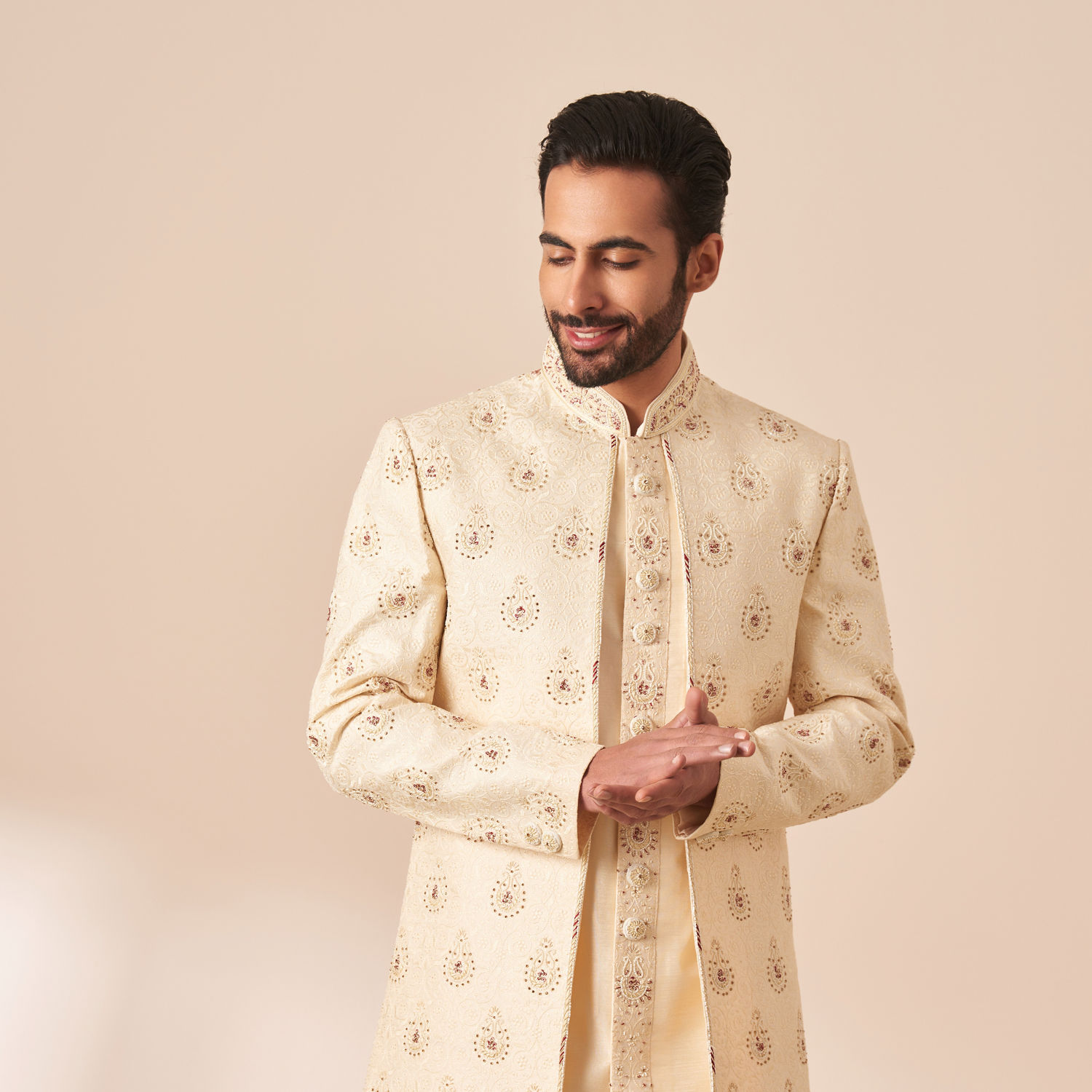 Sherwani for Men - Buy Cream Jacket Style Sherwani with All Over work ...