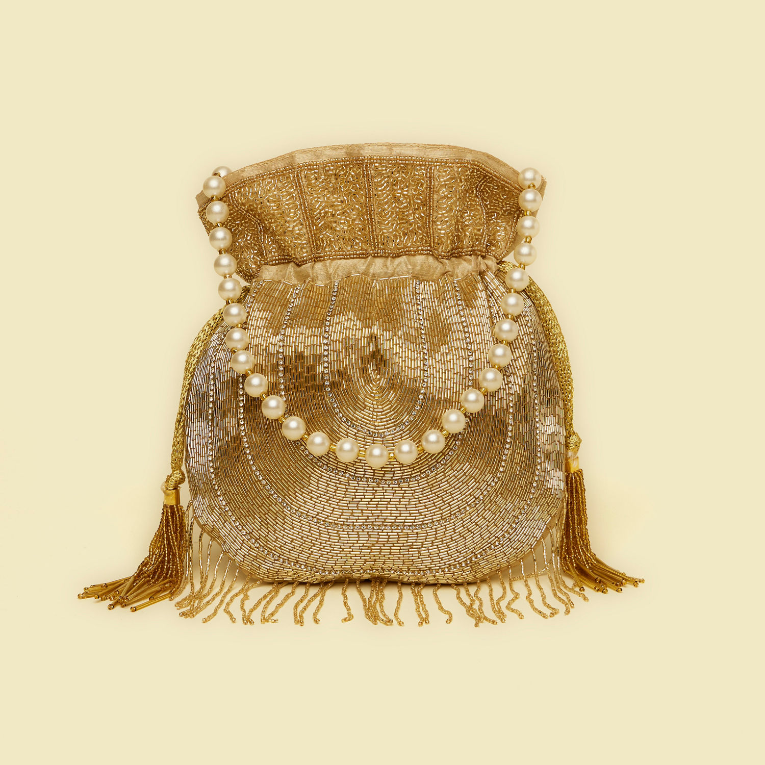 Buy Beige Hand Embroidered Silk with Moti and Stone Work Bag Online in ...