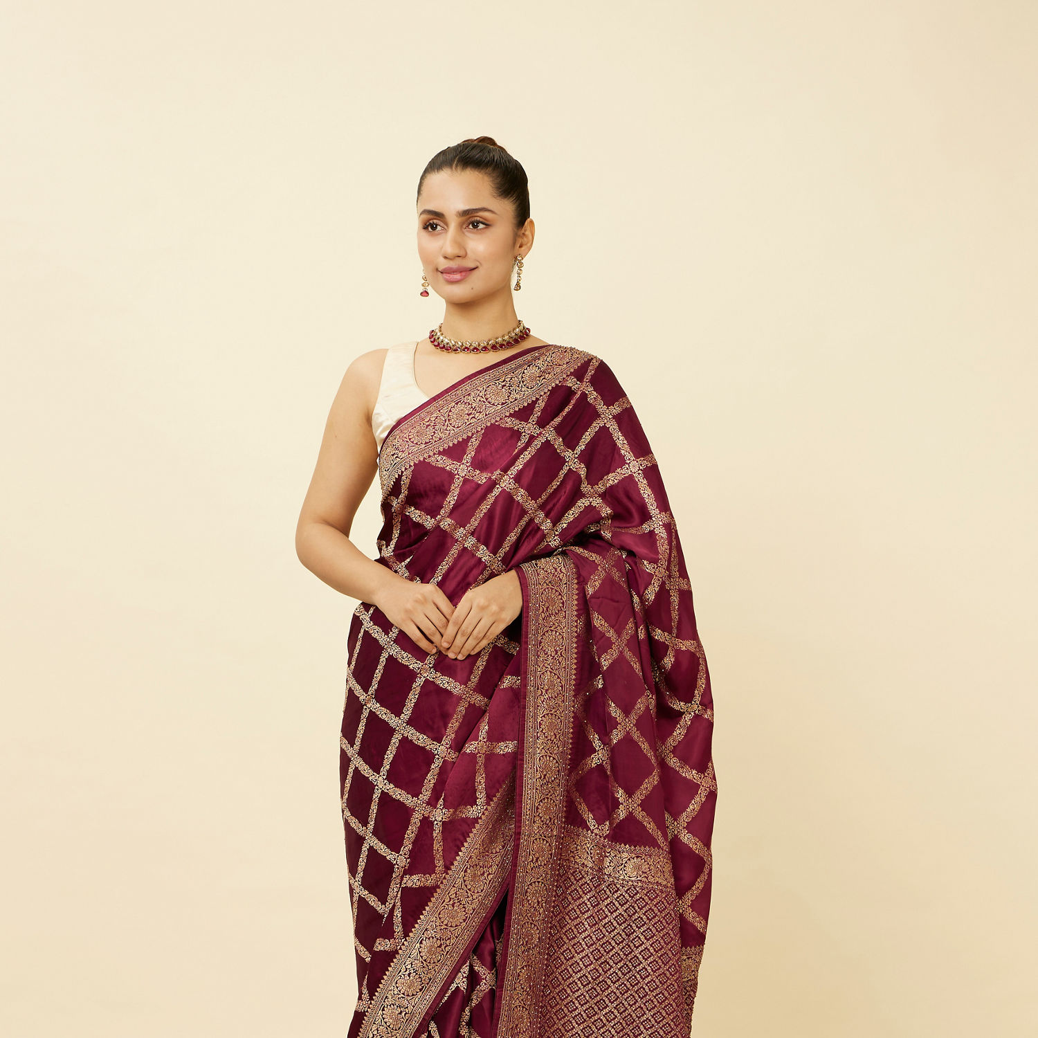 Saree for Women - Buy Wine Satin Saree with Harlequin Patterns Online ...