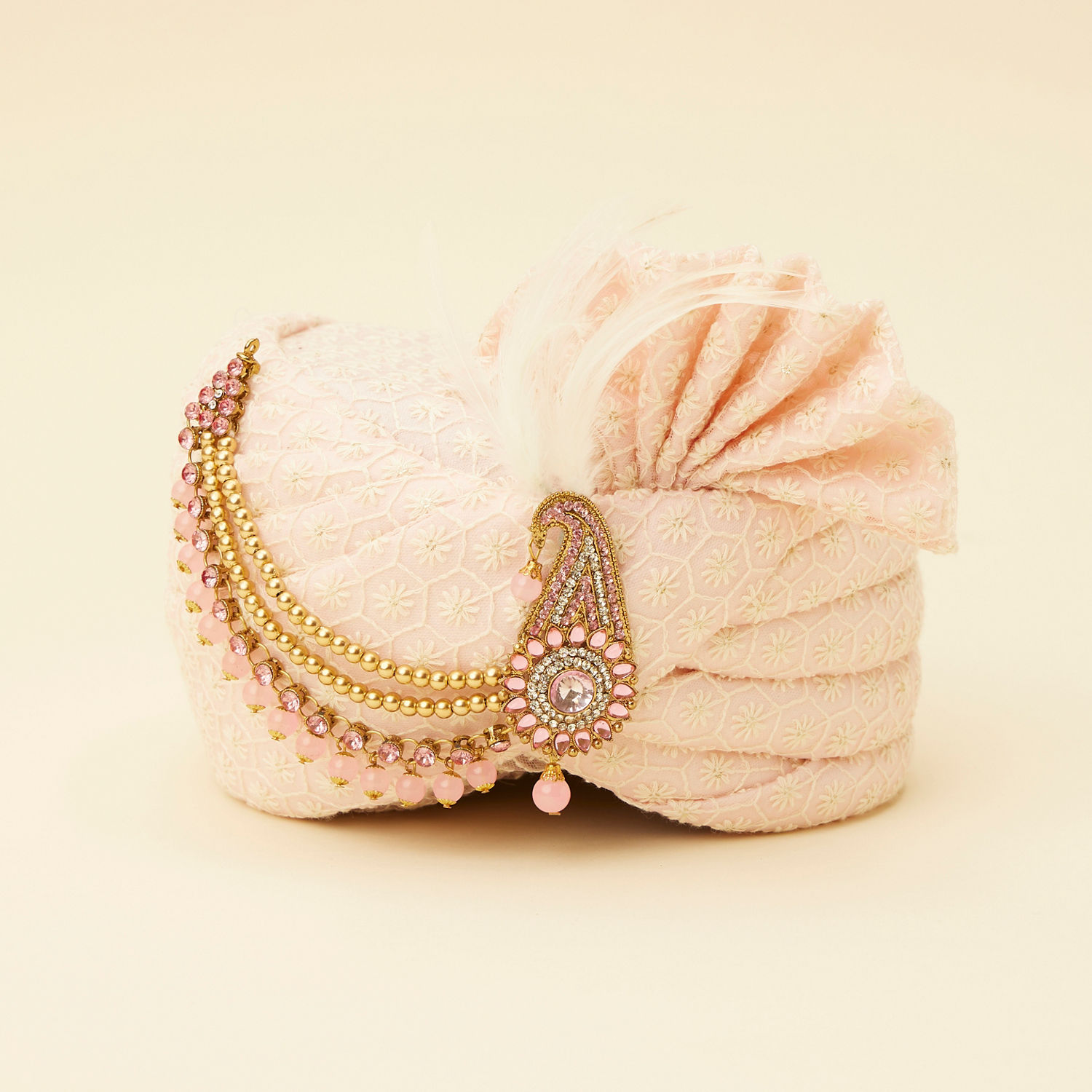 Buy Pink Self Patterned Safa with Feather Trim Kalgi Online in the UK ...