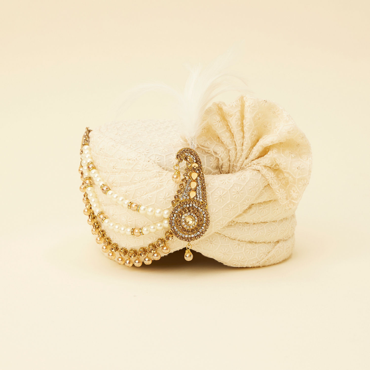 Buy Cream Self Embroidered Safa with Feather Trim Kalgi Online ...