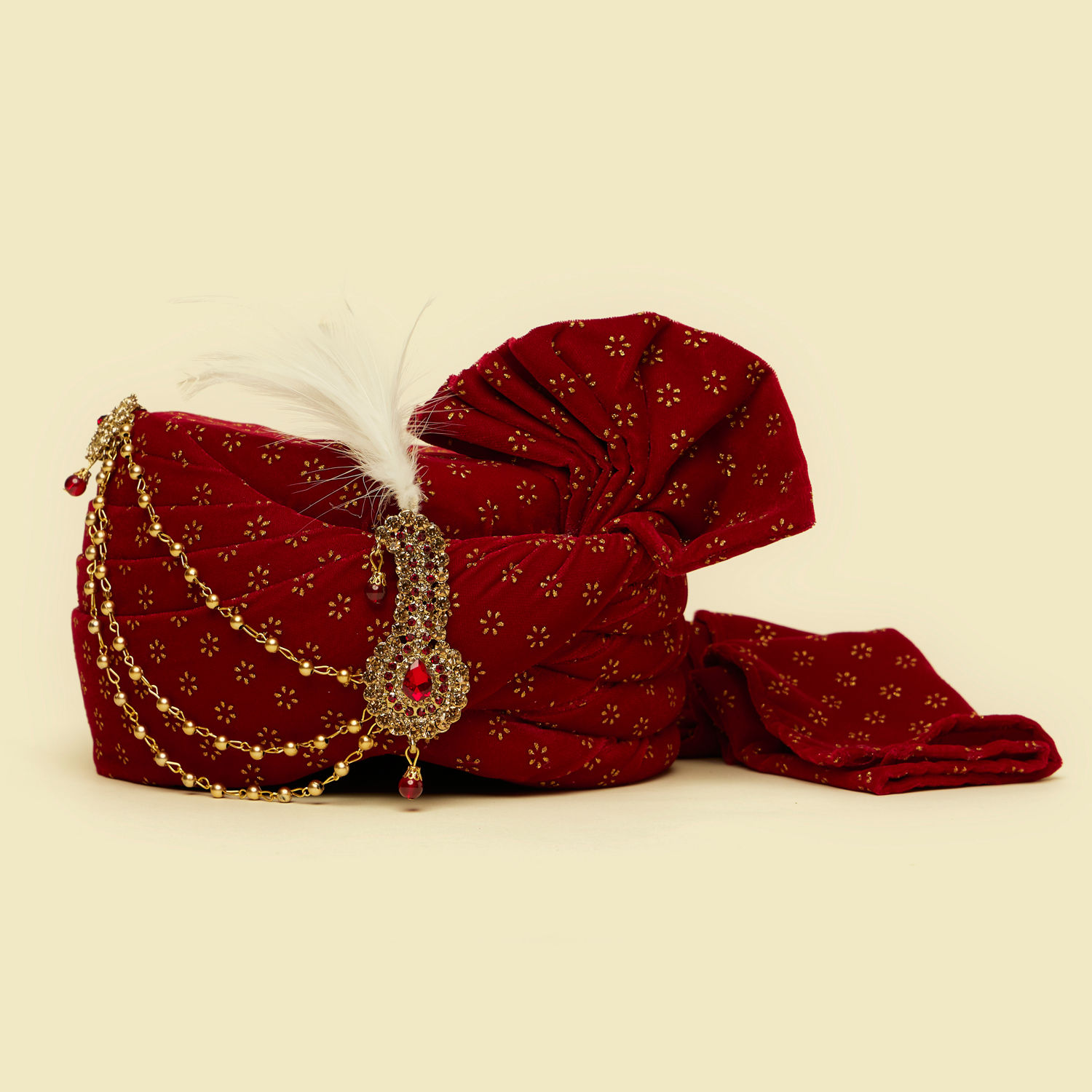 Buy Red Self Patterned Safa with Feather Trim Kalgi Online in India ...