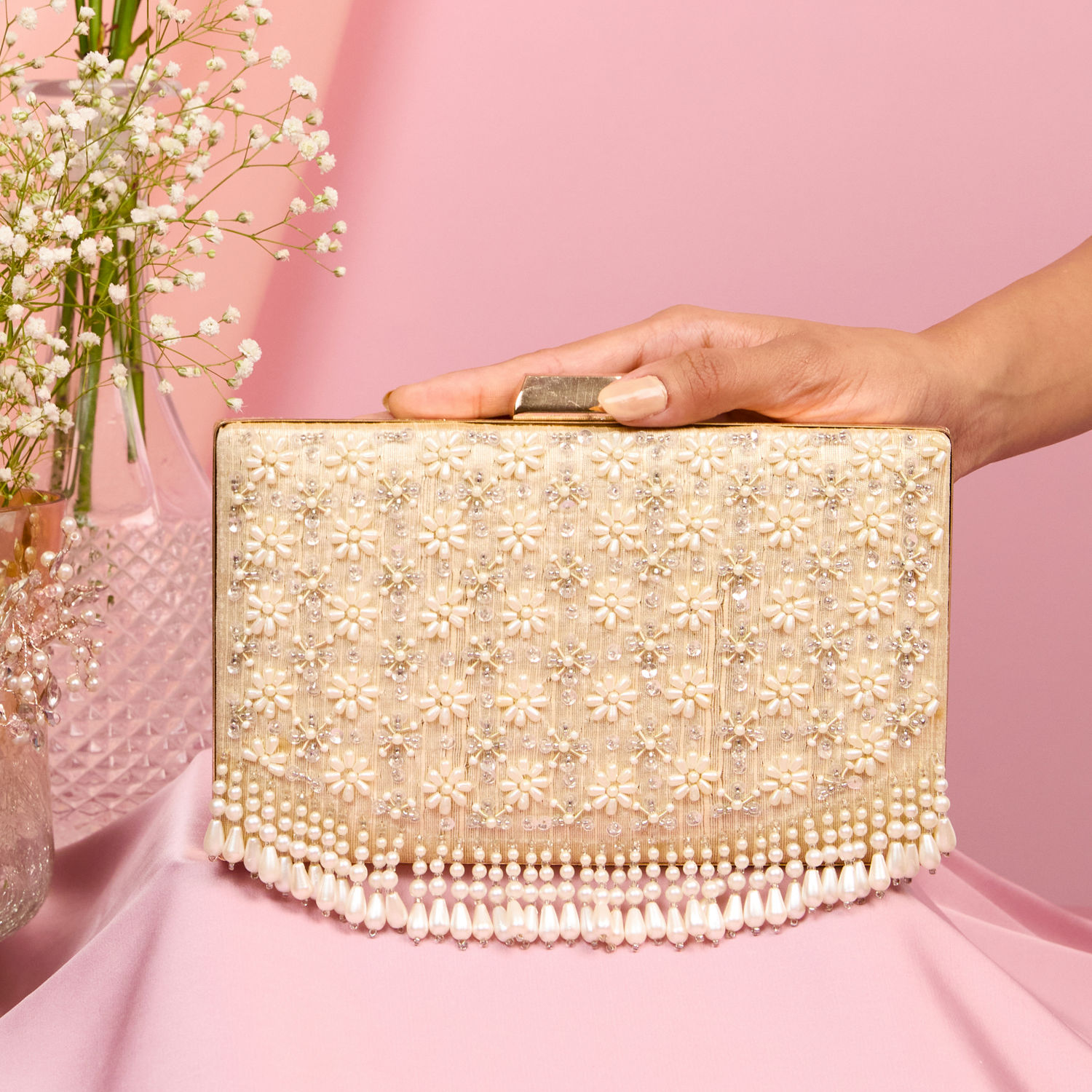 Buy Dark Cream Pearl Embellished Clutch Bag with Bead Work Online in ...