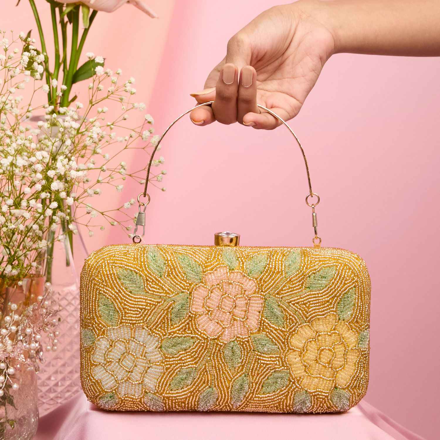 Buy Beige Silk with Hand Embroidery and Moti Work Bag Online in India ...