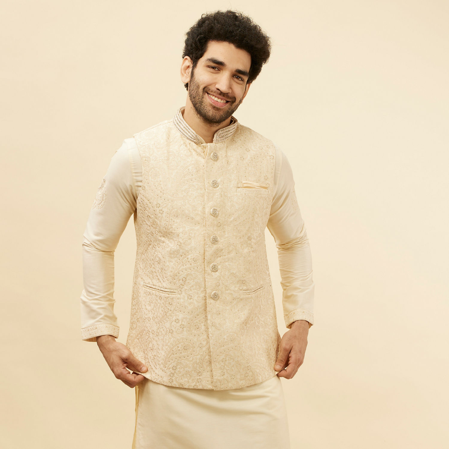 Buy Beige Cream Paisley Motif Sequined Kurta Jacket Set Online in the ...