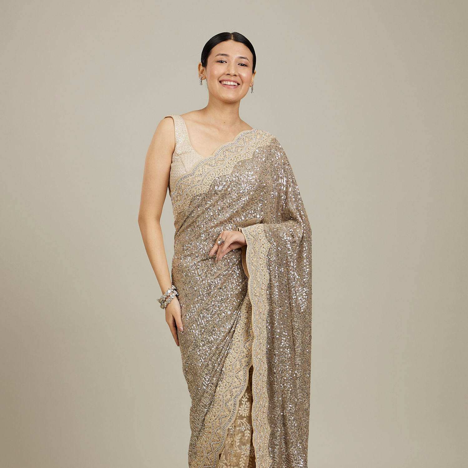 Buy Sandstone Beige Rhinestone Work Saree Online in the USA @Mohey ...