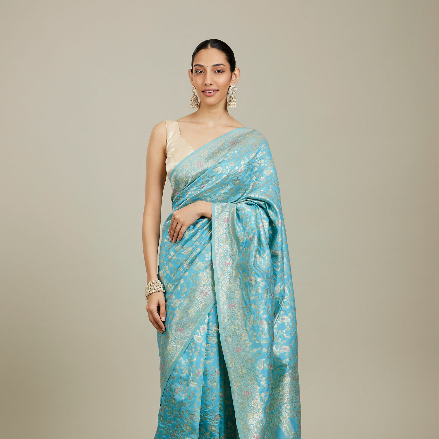 Buy Light Blue Floral Zari Work Saree Online in the USA @Mohey - Saree ...