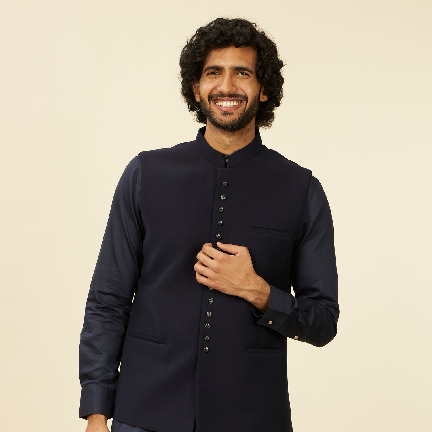 Buy Classic Dark Blue Nehru Jacket Online in the USA @Manyavar - Nehru ...