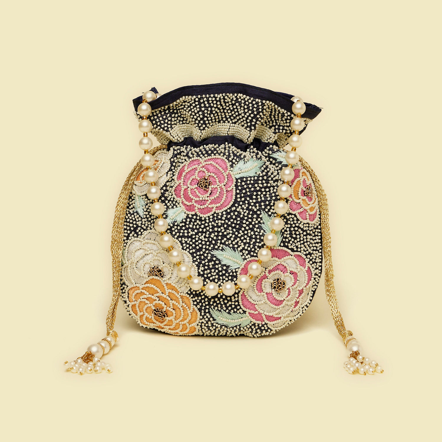 Buy Indigo Blue Floral Patterned Potli Bag with Stone Work Online in ...