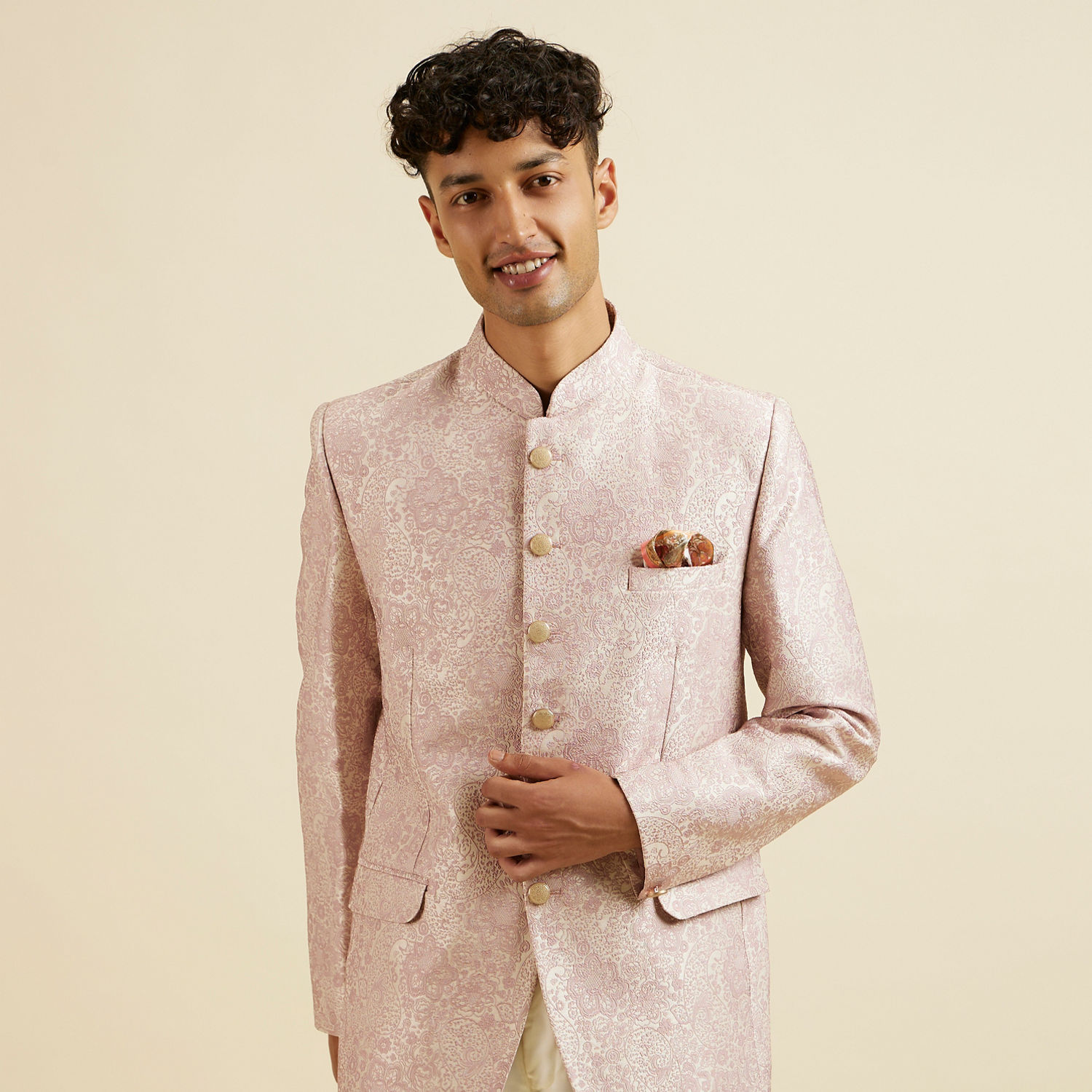 Buy Dusty Pink Floral Jaal Patterned Jodhpuri Set Online in the USA ...