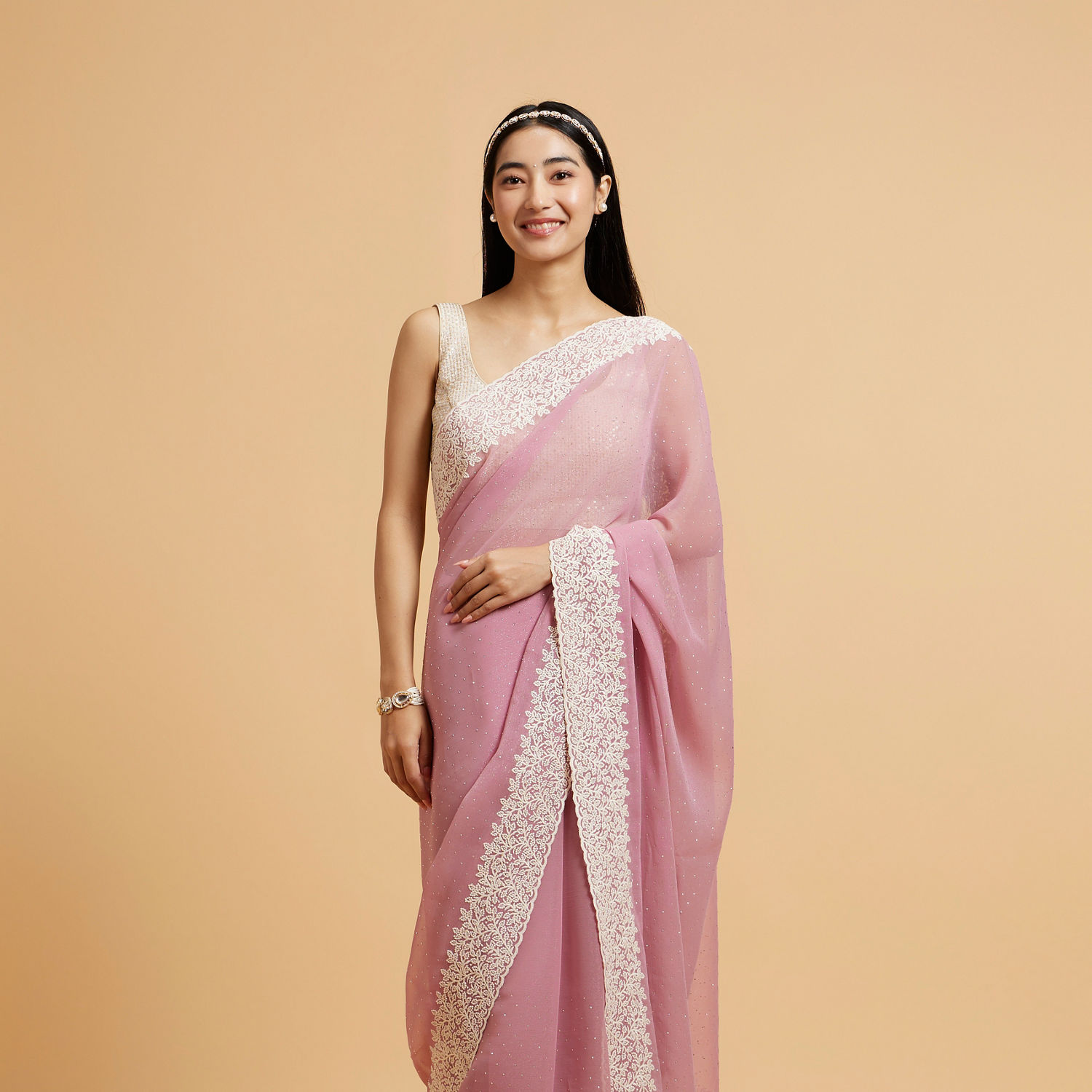 Buy Puce Pink Rhinestone Embellished Saree with Bel Patterned Border ...